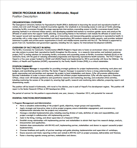 Program Manager Job Description Template 10 Free Word PDF Format 