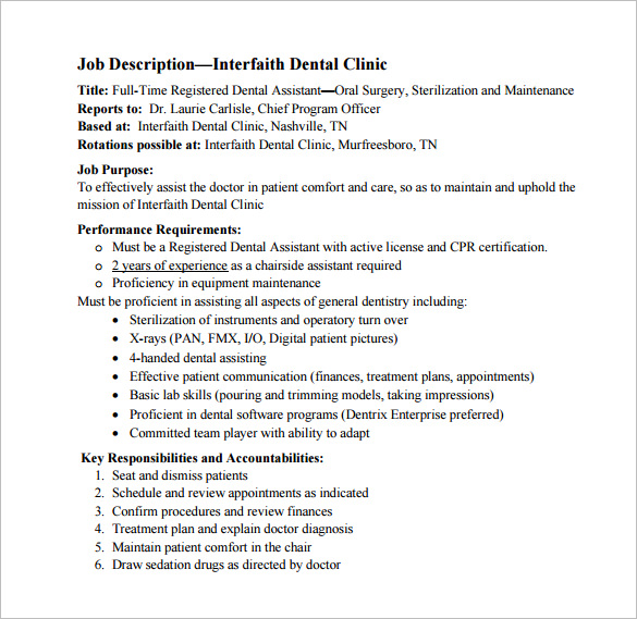 9 Dental Assistant Job Description Templates Free Sample Example