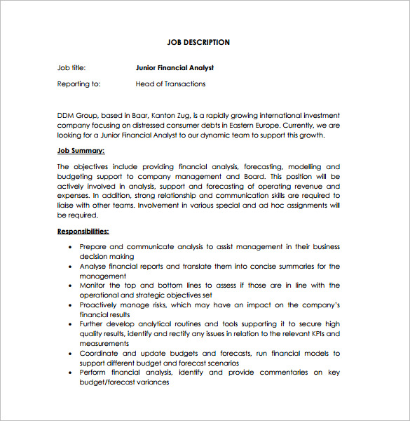 Financial Analyst Job Description Template 9 Free Word PDF Format 