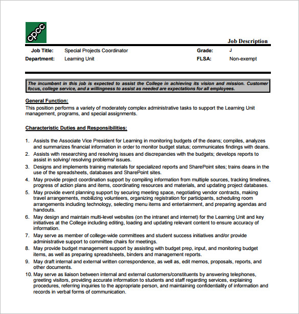 9 Project Coordinator Job Description Templates Free Sample Example 