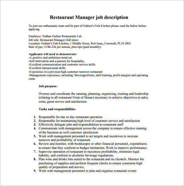 14+ Restaurant Manager Job Description Templates - Word, Apple Pages ...