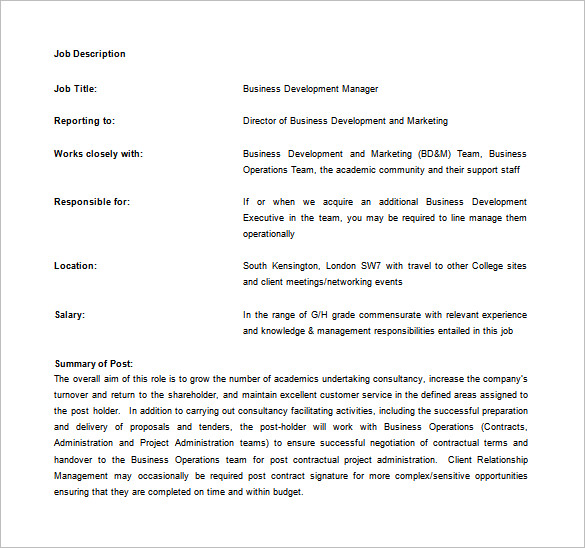 Business Development Manager Job Description Format CAK ONE