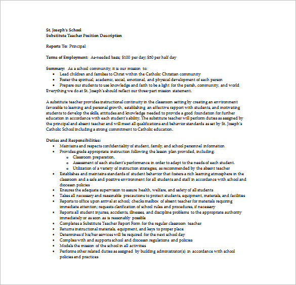 Substitute Teacher Job Description Template 8 Free Word PDF Format Download 