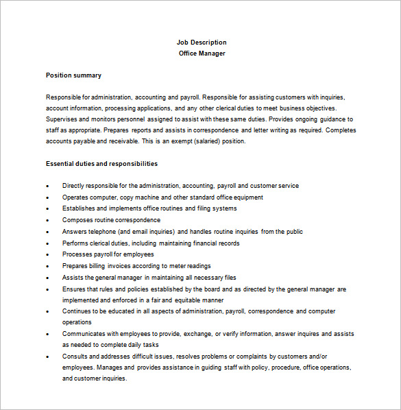 Office Manager Job Description Template - 9+ Free Word, PDF Format ...