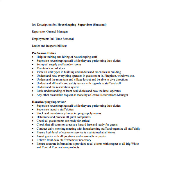 Housekeeping Supervisor Job Description Ochtend Schoonmaakwerk