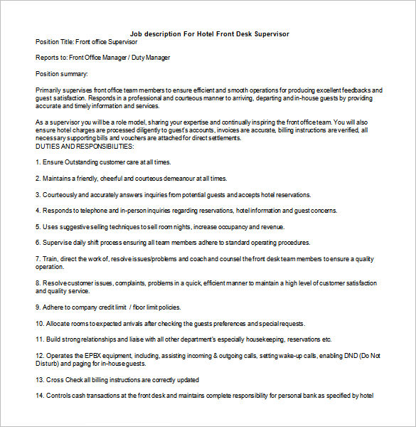 Hotel Front Desk Job Description
