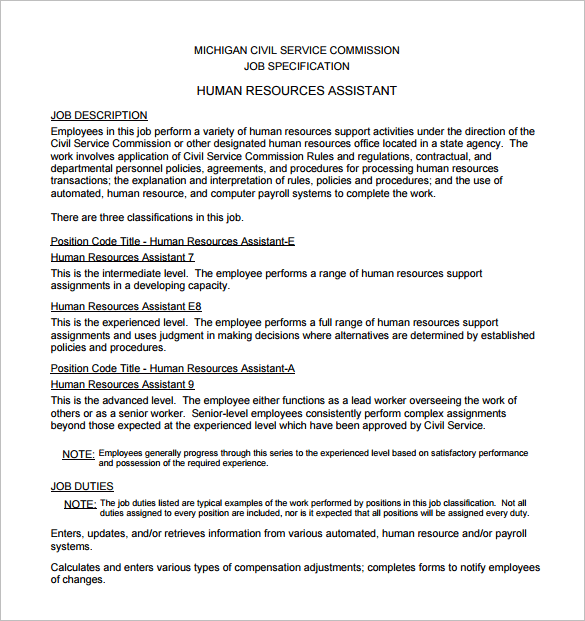 Human Resources Job Descriptions Job Free Samples Examples Job Retro