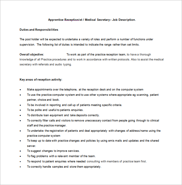 Job Description For Receptionist Mryn Ism