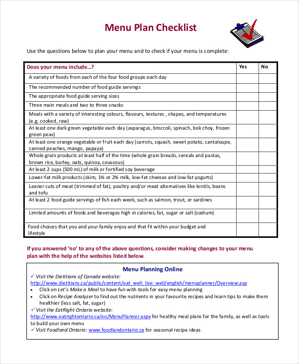 Printable Menu Planning 10 Free Templates