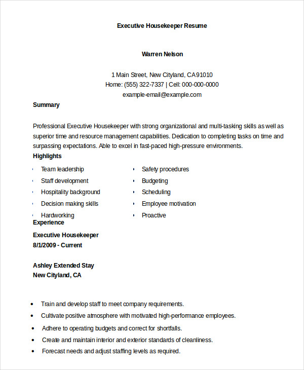 Housekeeping Resume Example - 20+ Free Word, PDF Documents Download