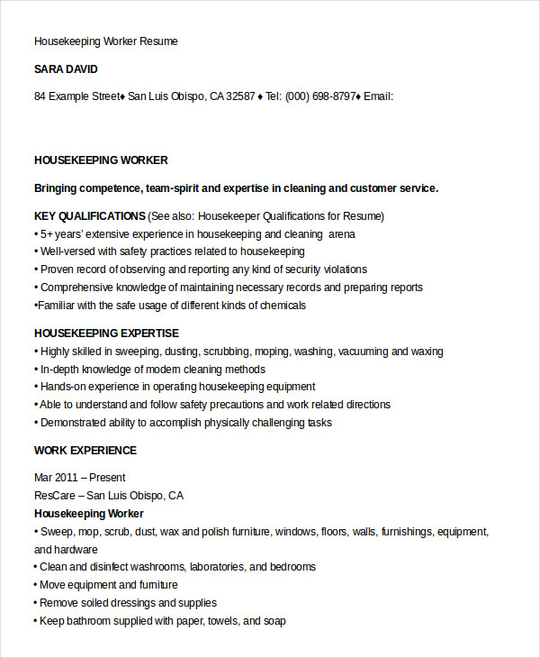 Housekeeping Resume Example - 20+ Free Word, PDF Documents Download