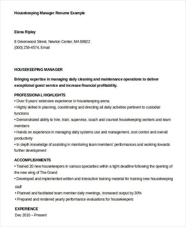 Housekeeping Resume Example - 20+ Free Word, PDF Documents Download
