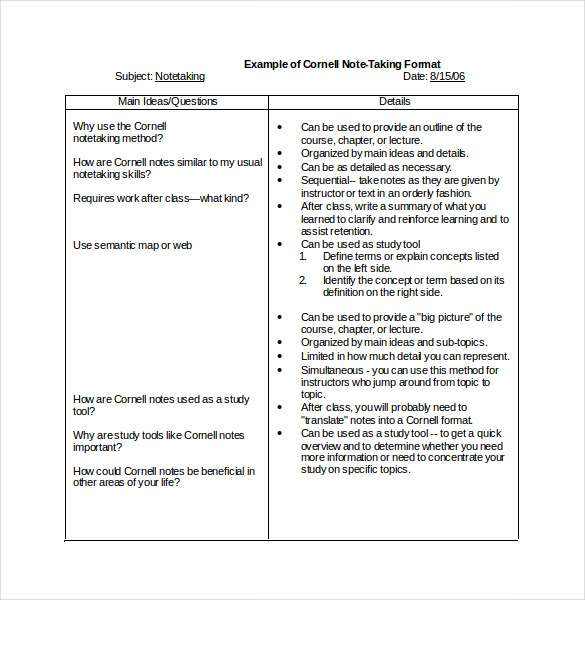 Cornell Note Taking Template - 8+ Free Word, Excel, PDF Format Download