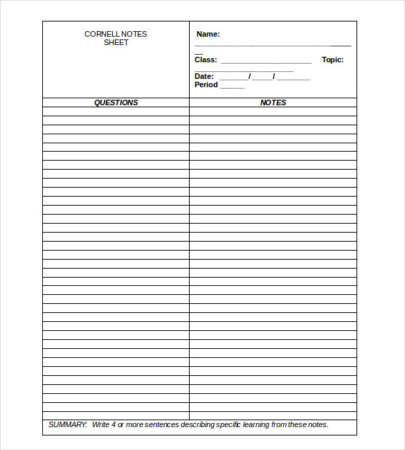 Blank Cornell Notes Template 5 Free Word Excel PDF Format Download