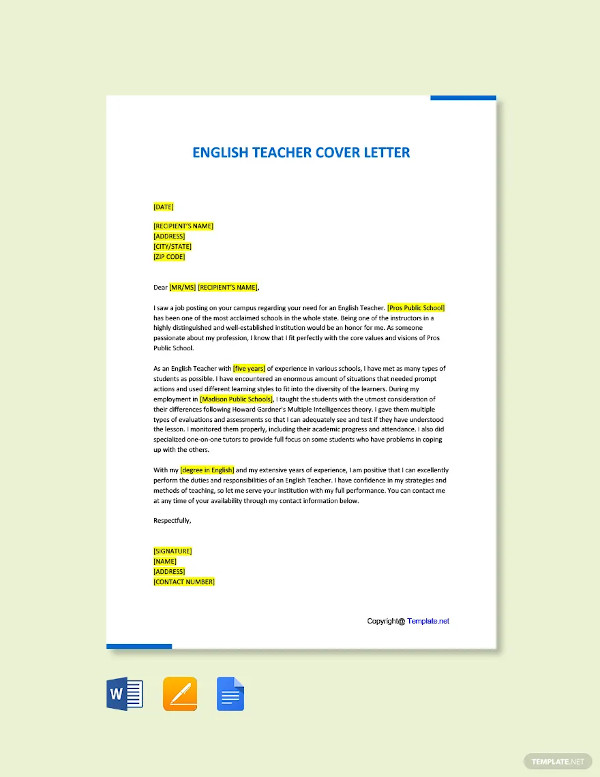 27+ Teacher Cover Letter Templates- Word, PDF | Free & Premium Templates