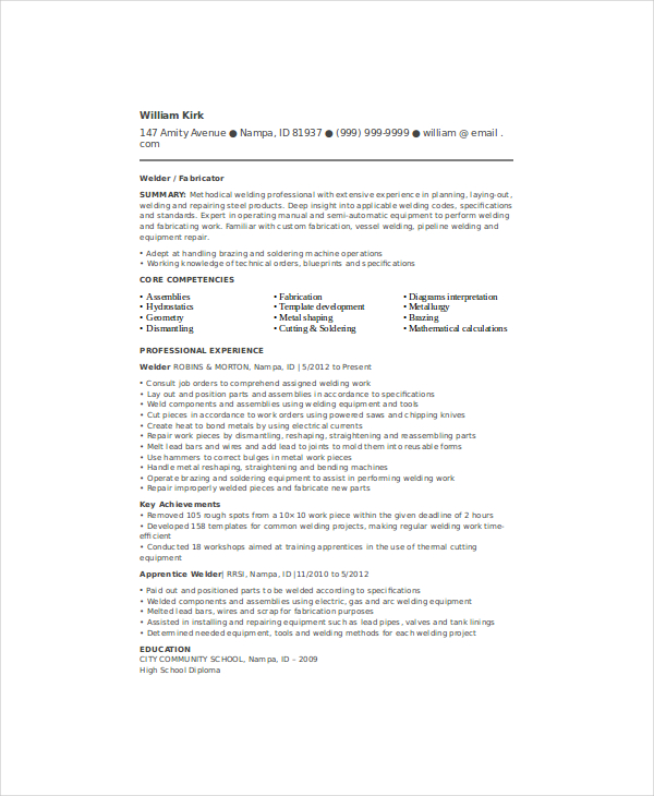 Welder Resume Template - 7+ Free Word, PDF Documents Download