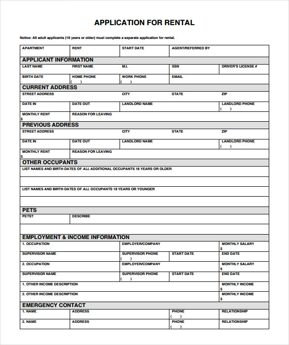 Printable Simple Rental Application Form