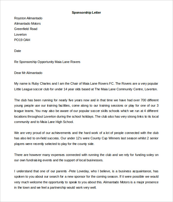 Sample Sports Sponsorship Letter The Document Template