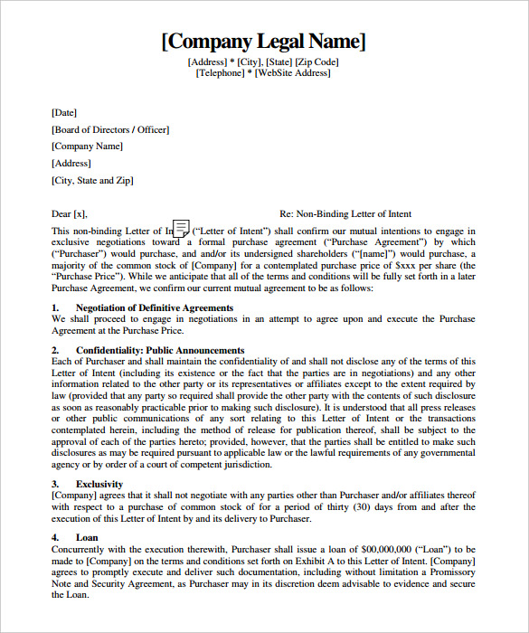 Binding Letter Of Intent To Purchase