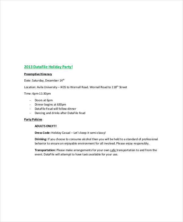 Party Itinerary Template - 15+ Word, PDF Documents Download