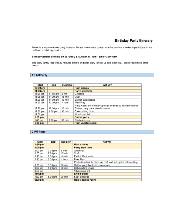 Party Itinerary Template - 15+ Word, PDF Documents Download