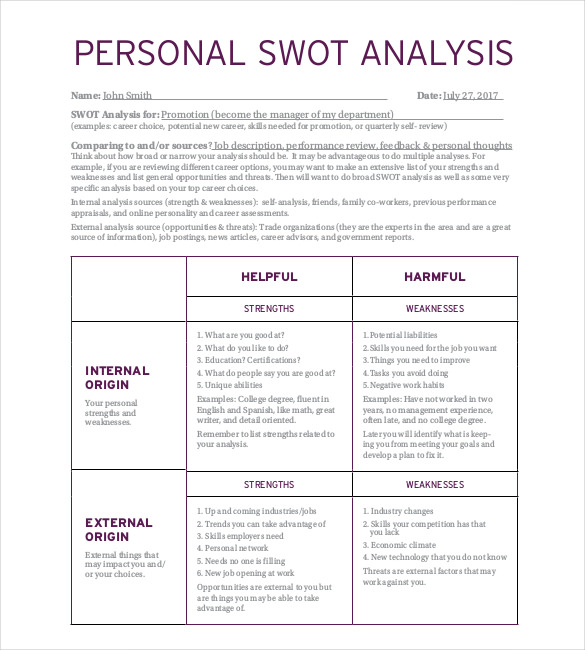 Personal SWOT Analysis Template 13 Free Word Excel PDF Documents 