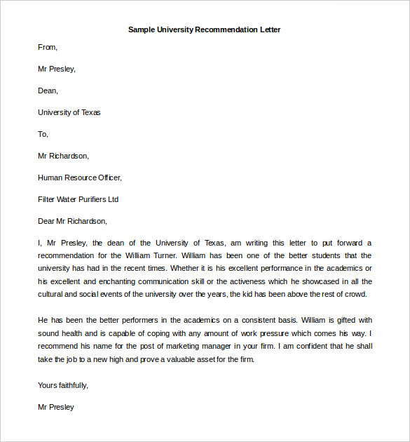Personal Reference Letter For University Application