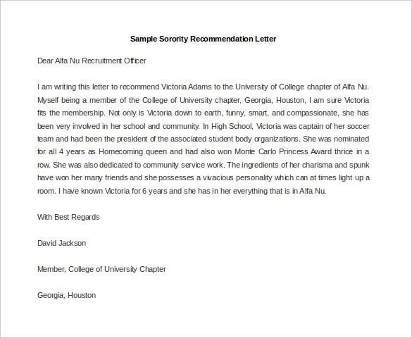 Recommendation Letter Sample For A Sorority 1YSMG