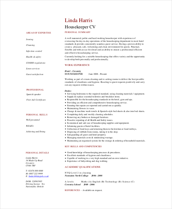 Housekeeping Resume Template - 4+ Free Word, PDF Documents Download