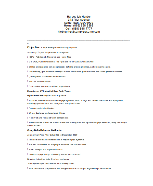 Pipefitter Resume Template - 6+ Free Word, Documents Download