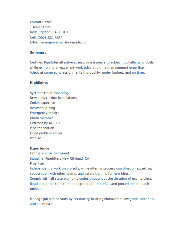 Pipefitter Resume Template - 6+ Free Word, Documents Download