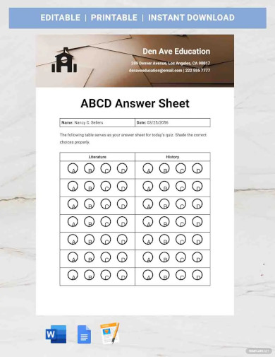 9+ Printable Answer Sheet Templates, Samples & Examples