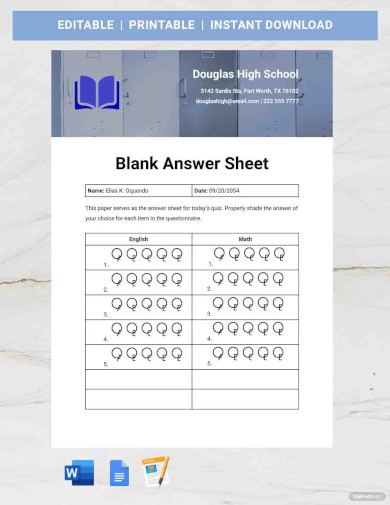 9+ Printable Answer Sheet Templates, Samples & Examples