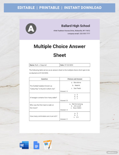 9+ Printable Answer Sheet Templates, Samples & Examples