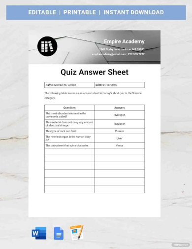 9+ Printable Answer Sheet Templates, Samples & Examples