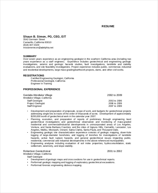 Geologist Resume Template - 6+ Free Word, PDF Documents Download
