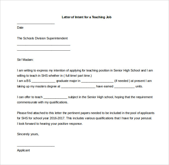 Letter Of Intent For Job Application For Teachers Infoupdate