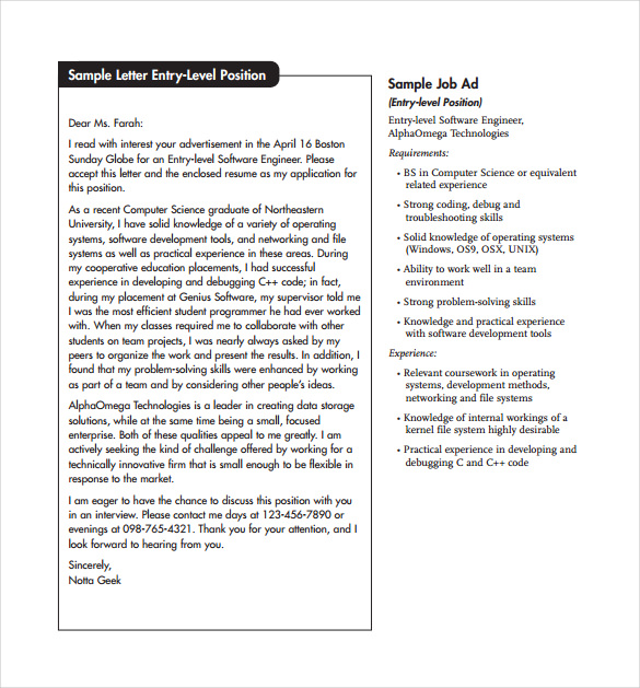 Entry Level Cover Letter Template - 18+ Free Sample, Example, Format