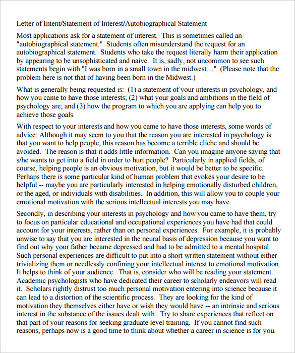  Statement Of Intent Graduate School Format Sample Letter Of Intent 
