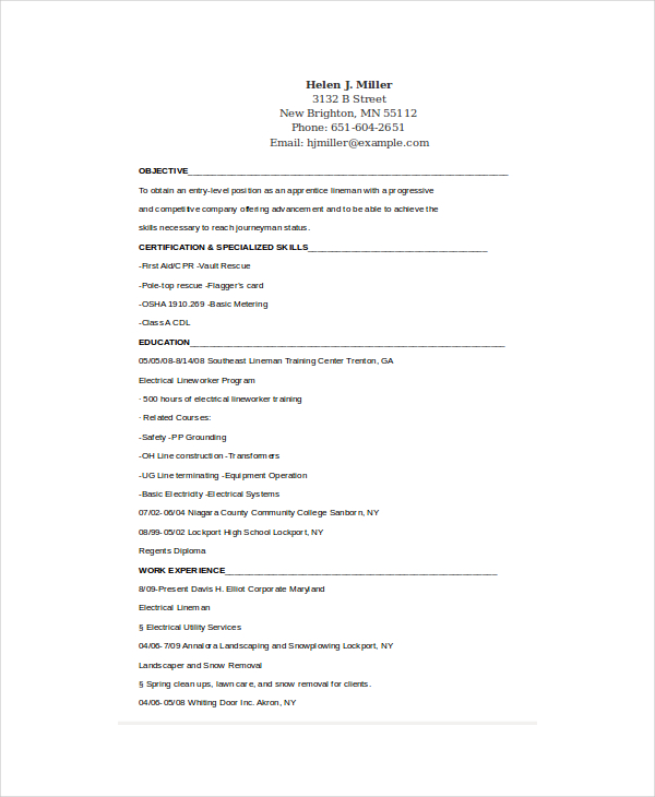 6+ Lineman Resume Templates - PDF, DOC