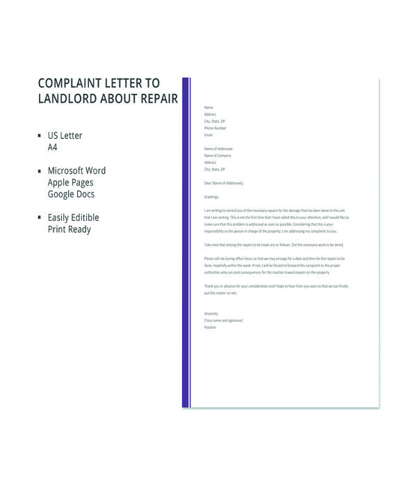  Sample Letter To Landlord For Repairs Complaint Letter To Landlord 
