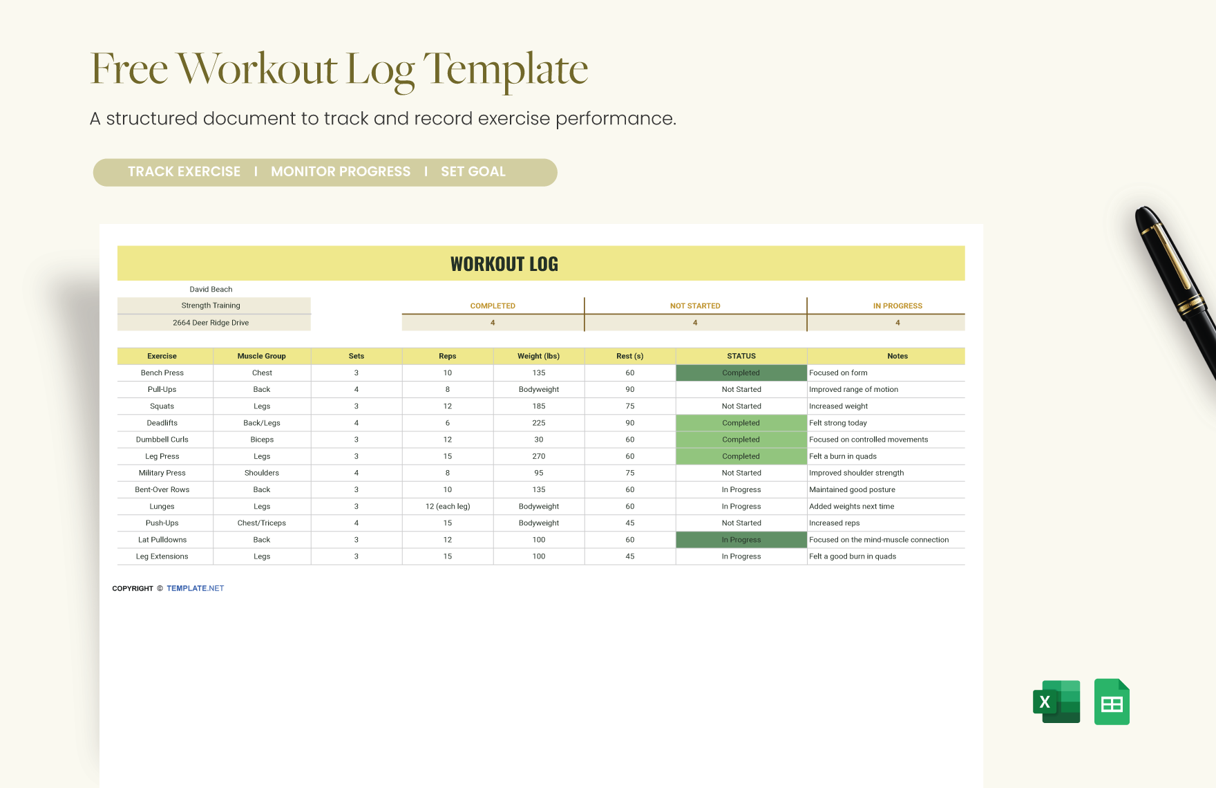 Workout Log Template - 14+ Free Word, Excel, PDF, Vector EPS Format ...