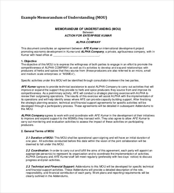 Memorandum Of Understanding Templates 30 Free Sample Example 