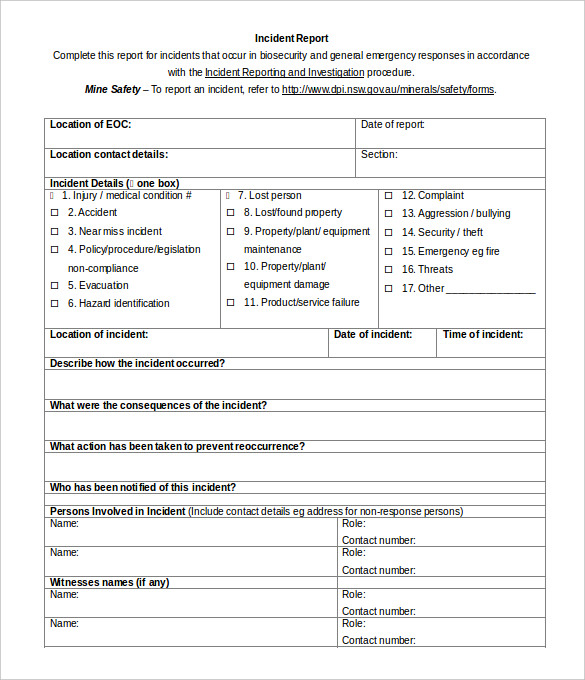 Incident Report Form Template Qld