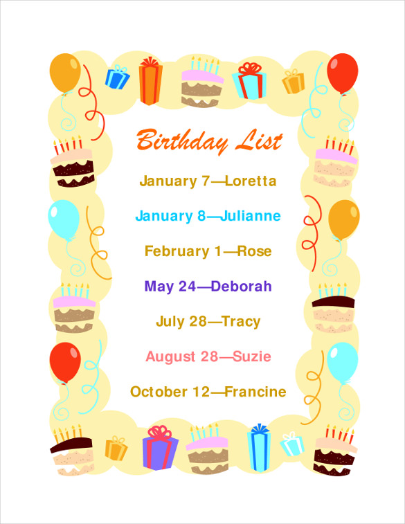 Birthday List Template - 7+ Free PSD, EPS,In Design Format Download
