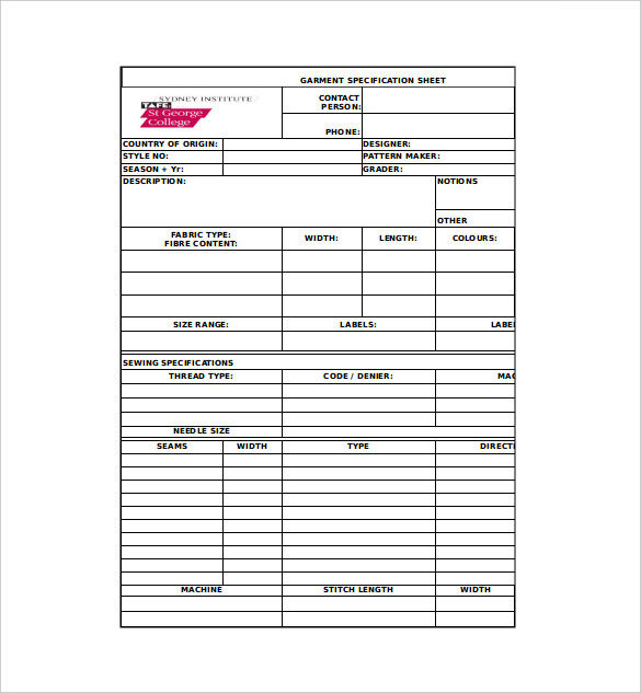 Free Garment Spec Sheet Template Printable Templates