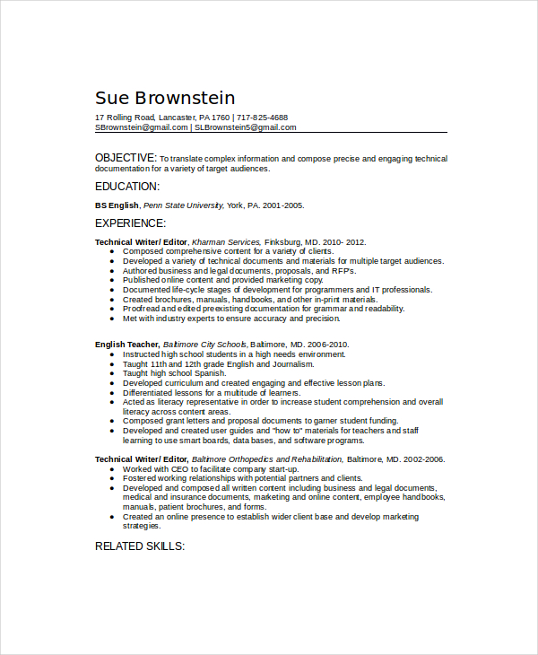 10 Technical Writer Resume Templates PDF DOC