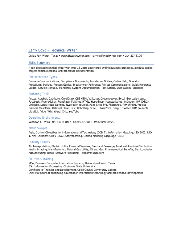 10 Technical Writer Resume Templates PDF DOC