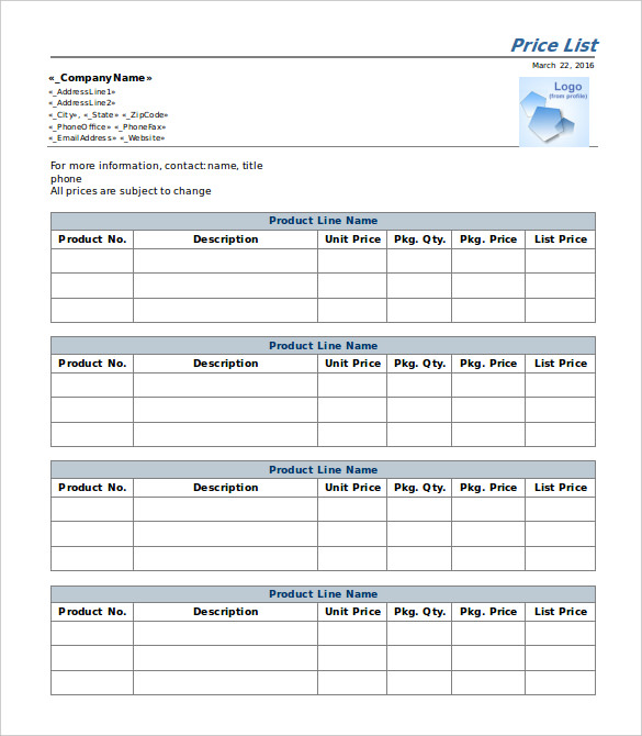  Price List Excel Template Download 