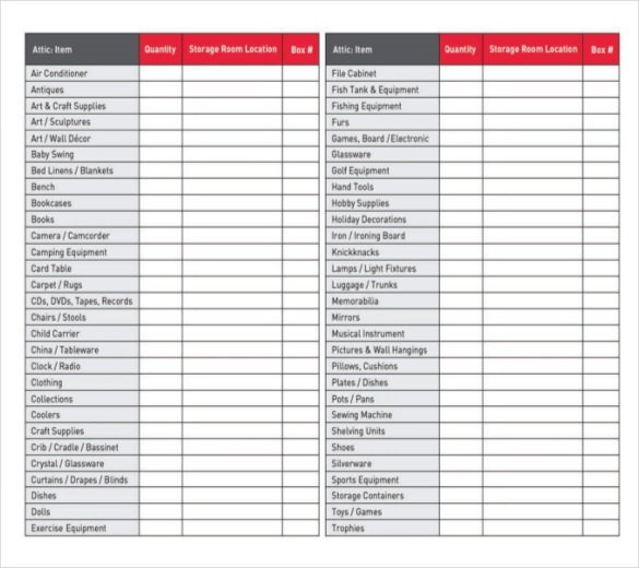 Printable Moving Inventory List